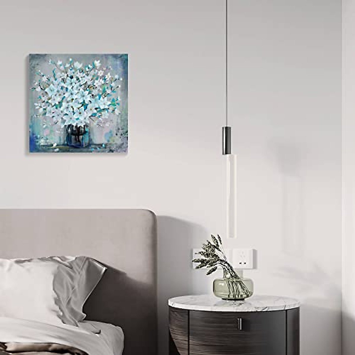 Canvas Wall Art for Living Room Bedroom Bathroom Framed Paintings Modern Farmhouse Blue Flower Wall Decor Picture Artwork for Home Prints Size 14x14