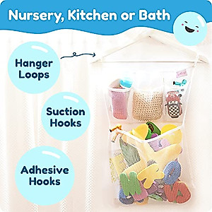 Original Tub Cubby Bath Toy Storage - Hanging Bath Toy Holder, with Suction & Adhesive Hooks, 14"x20" Mesh Net Shower Caddy for Kids Bathroom Decor, Bedroom & Car Toy Organizer - Bonus Rubber Duck & Hooks