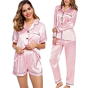 SWOMOG Women 4Pcs Silk Pajamas Set Button Down Sleepwear Loungewear Pj Sets for Ladies Nightwear Pink Small