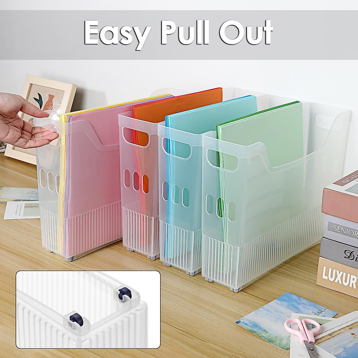 BTSKY 4 Pack Scrapbook Paper Storage Box with Wheels, Plastic Storage Organizer for 12" x 12" Scrapbook Papers, Portable File Organizer with Built-in Handle, Functional Magazine Holder Paper Rack