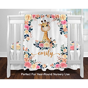 Zoey Art Personalized Baby Blanket, Custom Name Blanket, Mink Sherpa Blanket, Fleece Blanket with Animal Floral for Girls, 30 x 40 Inch Safari Animals Nursery Blanket (Giraffe Yellow)
