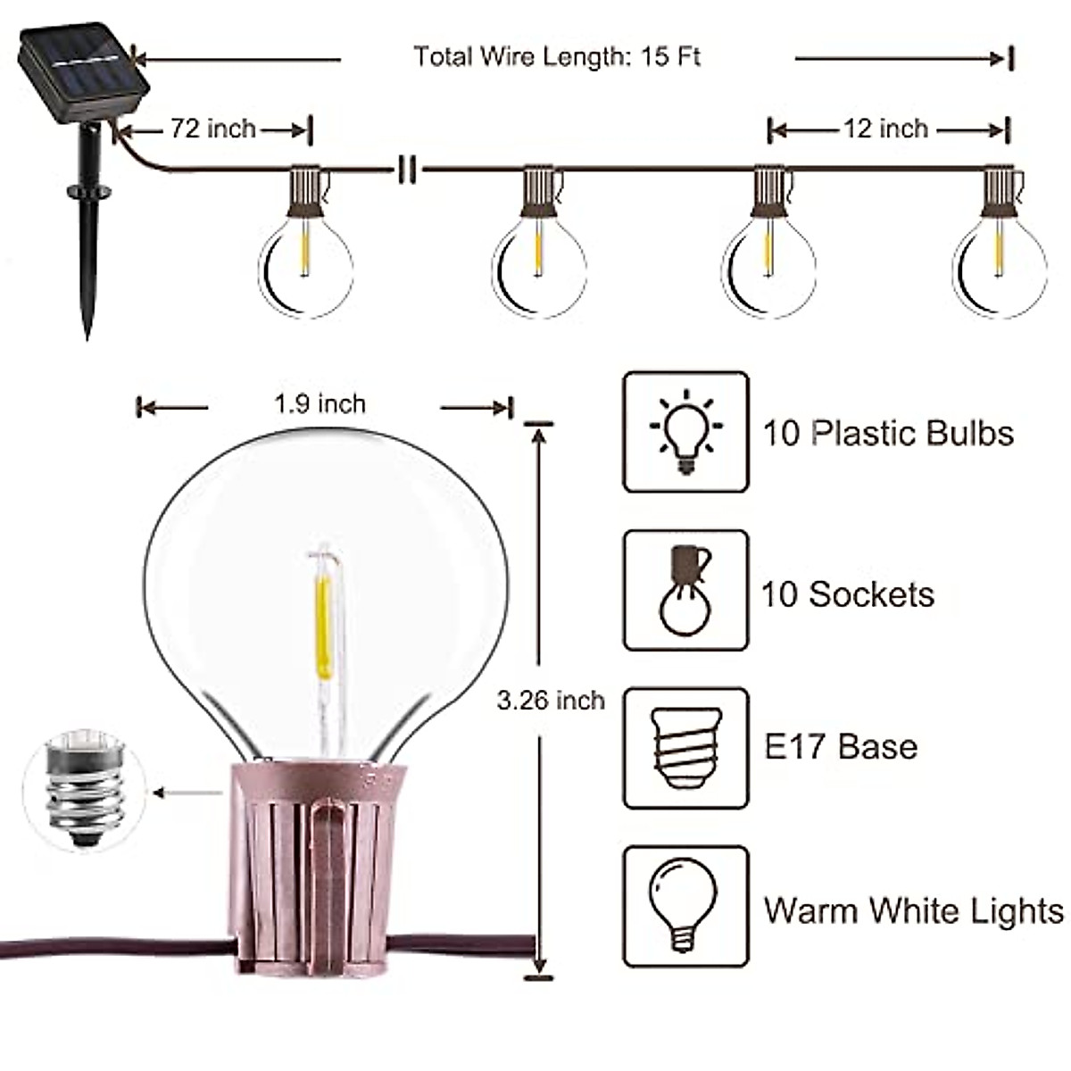 ALL FORTUNE Solar Outdoor String Lights, 15FT G50 Patio Lights String Waterproof with 10 Warm White LED Shatterproof Bulbs, Perfect for Garden, Backyard, Pergola, Party, Cafe, Camping Decoration