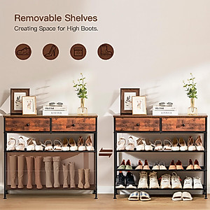 usikey Shoe Rack, 4 Tier Shoe Storage Organizer with 2 Drawers, Metal Shoe Shelf for 12-15 Pairs of Shoes, with 3 Fabric Shelves and Wooden Top, Shoe Stand for Closet Entryway, Rustic Brown