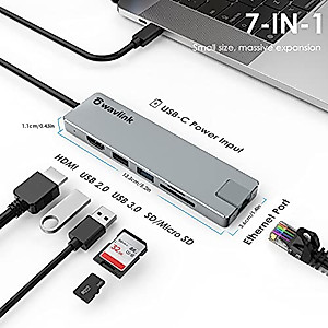 WAVLINK USB C Hub, 7-in-1 Type C Adapter with 4K HDMI, RJ45 Gigabit Ethernet, USB 3.0, USB 2.0, SD/TF Card Reader, 100W PD Mini Docking Station for MacBook Pro/Air and USB-C Windows Laptops