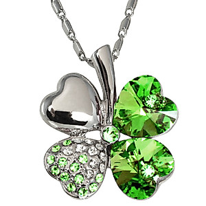 Dahlia Four Leaf Clover Necklace with Swarovski Crystals, Rhodium Plated, 16" w 2" Extender, Green