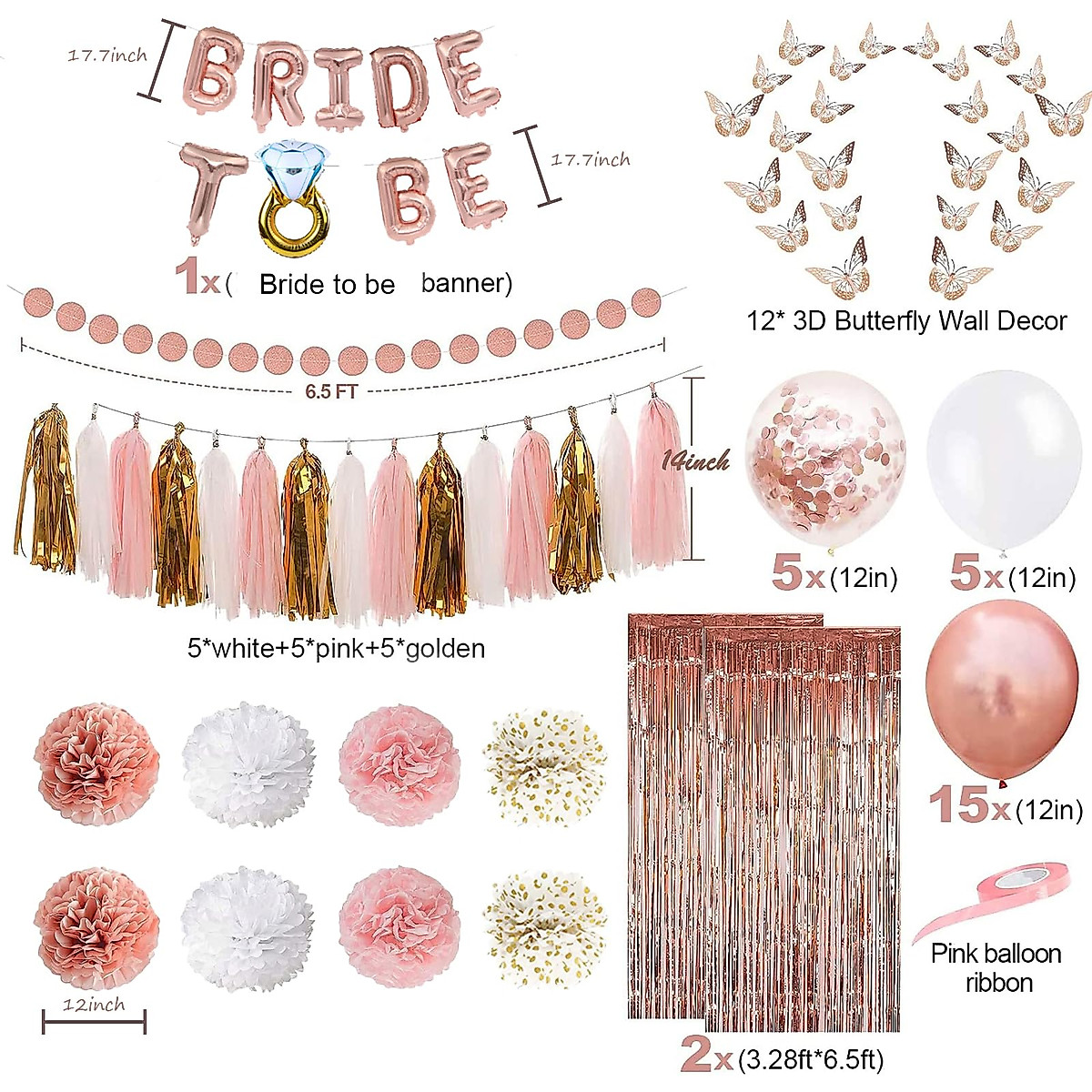 Hyfant Bachelorette Party Decorations Rose Gold Bridal Shower Decorations Bride To Be Decor Supplies Balloon and Banner Set Butterfly Stickers Tassel Tissue Pom Pom Kit for Bachelorette Party Wedding