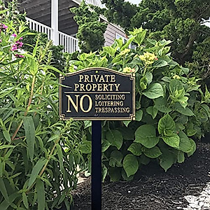 SmartSign Private Property Sign for Yard, No Soliciting Loitering Trespassing Garden Plaque | 5.75" x 9.5" Aluminum Plaque with 18" Black Lawn Stake