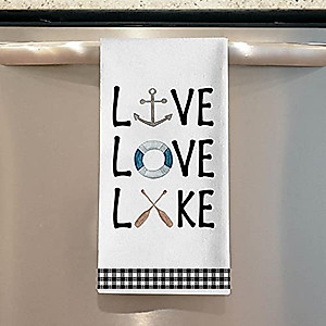 Seliem Live Love Lake House Kitchen Dish Towel Set of 2, Black White Buffalo Plaid Check Anchor Paddle Tea Bar Hand Drying Cloth, Spring Summer Farmhouse Happy Hour Decor Sign Home Decorations 18 x 28