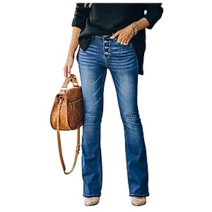 Akivide Womens Button Fly Stretchy Skinny Mid Waist Bootcut Jeans Flared Bell Bottom Demin Pants Deep Blue