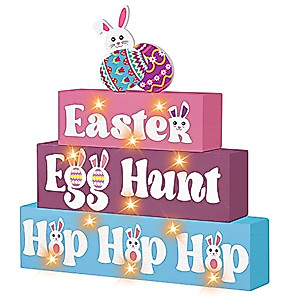 Easter Wooden Block Sign with Led Lights- Easter Egg Hunt Hop Hop Hop Light up Wood Sign for Table Mantle - Spring Easter Farmhouse Home Kitchen Battery Operated Wooden Sign Tabletop Tiered Tray Decor