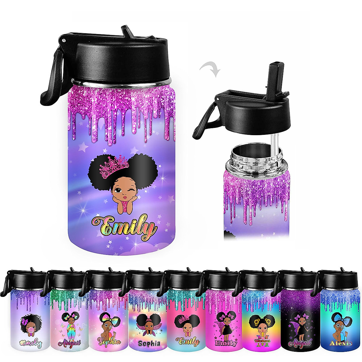 M YESCUSTOM Custom Kids Insulated Water Bottle for School, Multi Color 12oz Personalized Name Stainless Steel Thermos Water Bottles for Girls Water Bottle with Straw Lid Handle Waterbottle Gift
