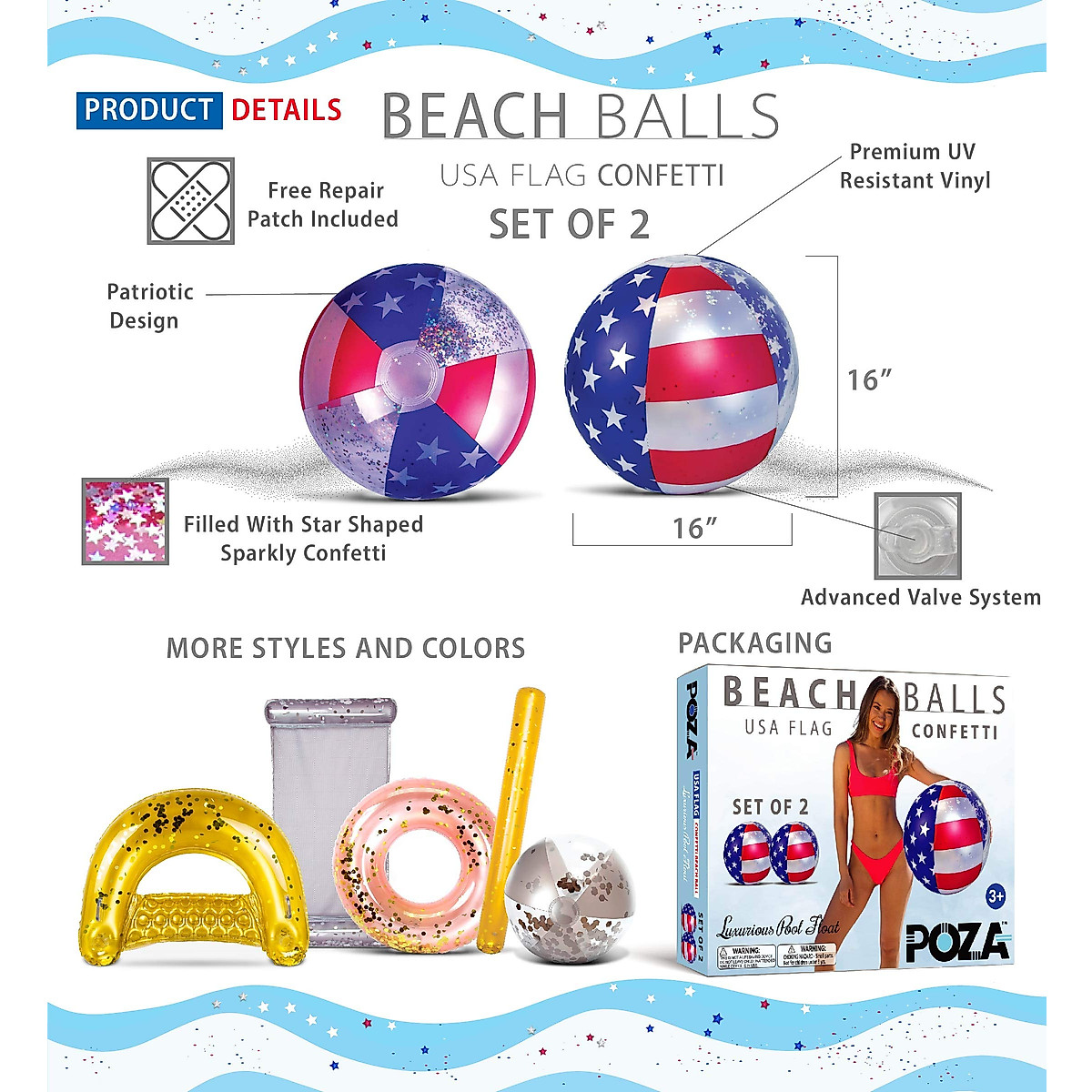 POZA USA Flag Inflatable Pool Float Tube - Sparkle Silver Star Filled American Flag Pool Float for Beach, River, or Lake, Patriotic Inflatable Blow Up Pool Float, 4th of July Pool Party - 36 Inch