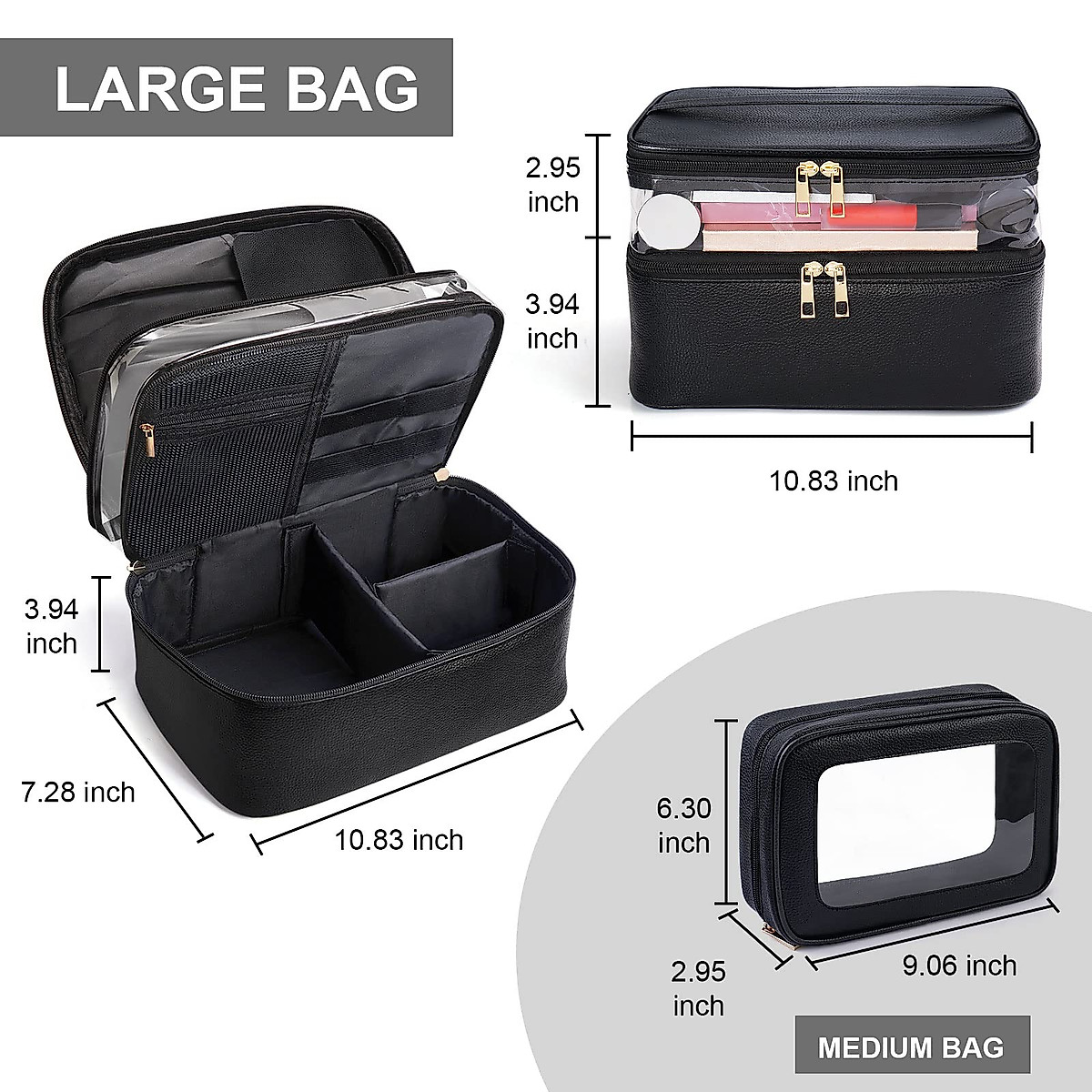 MAGEFY 2 PCS Travel Cosmetic Bags Leather Double Layer Organizer Clear Toiletry Bag Black Makeup Bags for Women Gifts with Adjustable Dividers