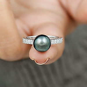 Rosec Jewels Real Tahitian Pearl Solitaire Ring with Diamond, 9 cttw, Aaa Quality, 14K White Gold, Size:US 9.00