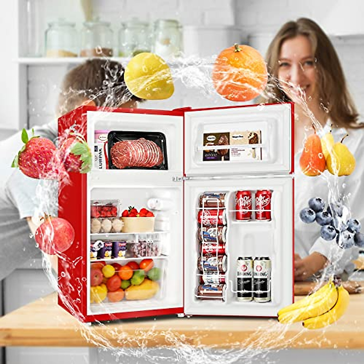 BANGSON Mini Fridge with Freezer, 3.2 CU.FT Small Refrigerator with Freezer, Door Handle, Bottle Opener, For Bedroom, Dorm, Office, Home, Garage or RV, (Red)…