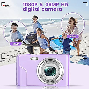 Digital Camera, HUMIDIER FHD 1080P 36MP 16X Digital Zoom Mini Vlogging Video Camera with Battery Charger, Compact Portable Cameras Point and Shoot Camera for Kids,Teens,Beginners (Purple)