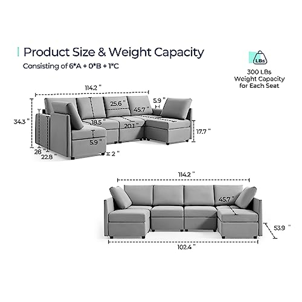 LINSY HOME Modular Sectional Sofa, Convertible U Shaped Sofa Couch with Storage, Memory Foam, Modular Sectionals with Ottomans, 6 Seat Oversized Sofa Couch with Chaise for Living Room, Grey