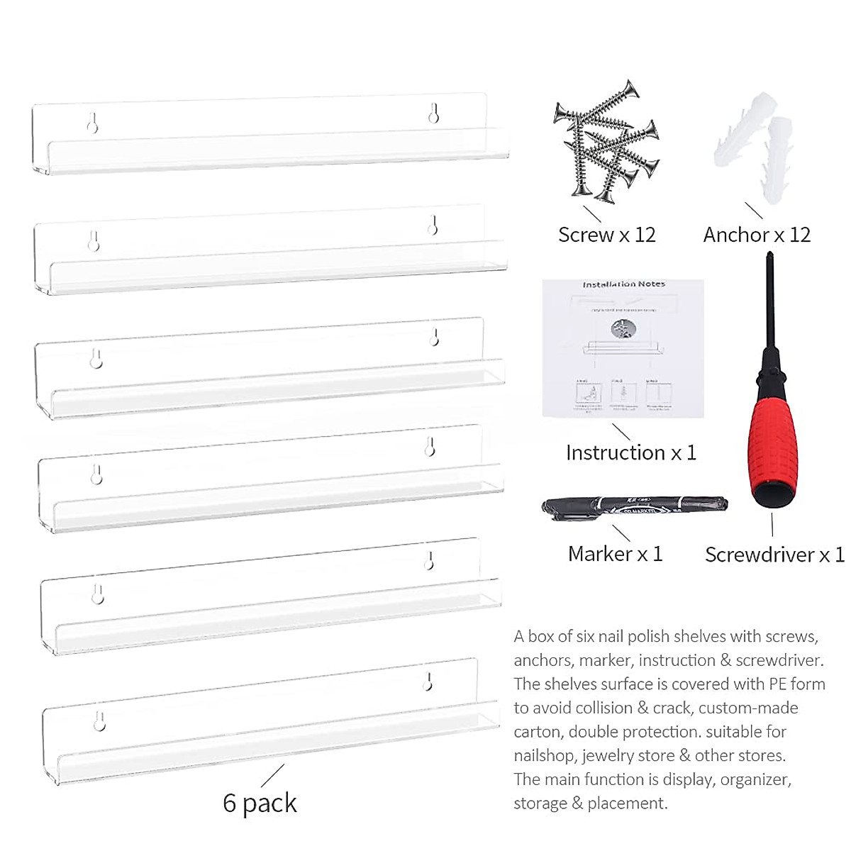 Sezanrpt Nail Polish Rack for Wall, Clear Nail Polish Organizer Wall Mounted, Acrylic Nail Polish Shelf 6 Pack