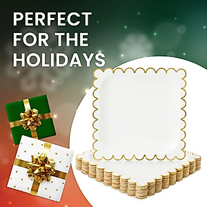 Juvale 48 Pack Square White and Gold Paper Plates with Foil Scalloped Edges for Wedding, Bridal Shower, Birthday (9 In)