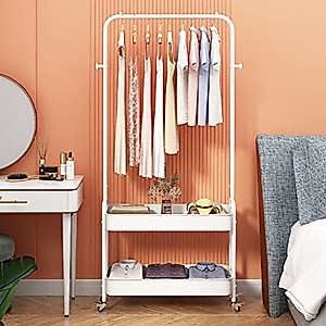 Free-Standing Rolling Garment Rack with 2 Tier Metal Basket, Rolling Storage Cart Clothes Hanging Organizer Coat Rack Storage Stand for Bedroom Laundry Small Place 26.4 x 11.8 x 62.6in