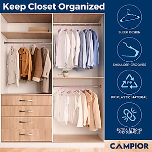 Campior Premium Clothes Hangers – Space-Saving Slim Design, Lightweight and Durable Plastic with Smart Shoulder Grooves, Versatile Usage for Organizing Laundry, Coats, and Clothes, Pink, Pack of 50