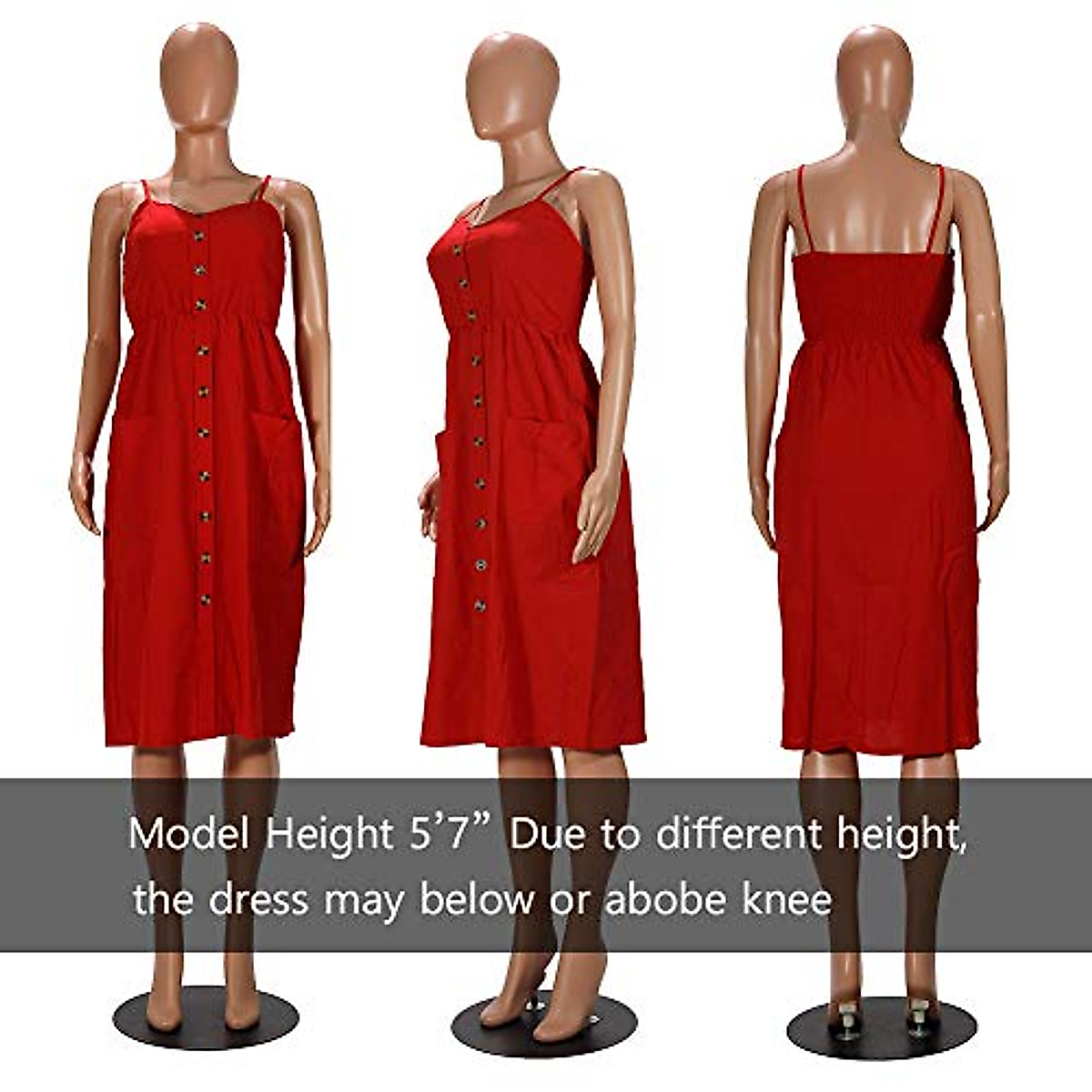 Womens Summer Button Down Casual Swing Plain Solid Midi Dress Pockets Red X-Large