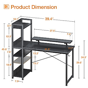ODK Computer Desk with Storage Shelves, 47 Inch Writing Desk with Bookshelf, Reversible Study Table for Home Office, Small Space Bedroom, Grey Oak