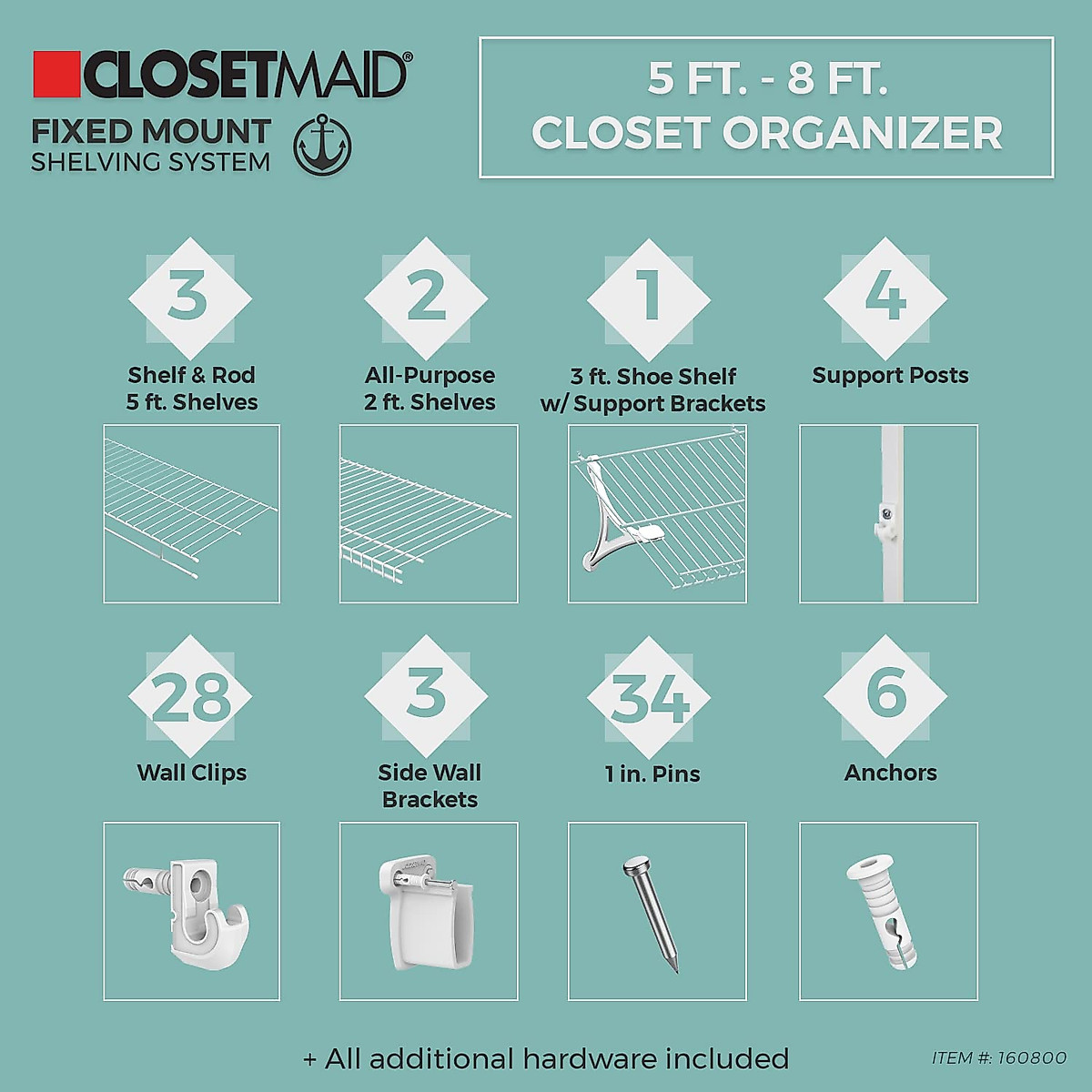 ClosetMaid 1608 Closet Organizer Kit with Shoe Shelf, 5-Foot to 8-Foot, White