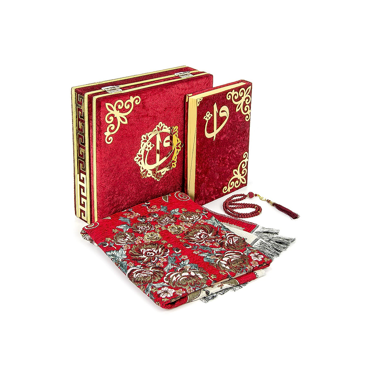 ihvan online Luxury Islamic Prayer Velvet Covered Gift Box, Deluxe 4 Piece Set with Elegant Velvet Covered Quran & Prayer Beads Tesbih & Prayer Rug, Ramadan & Eid Gift, Burgundy