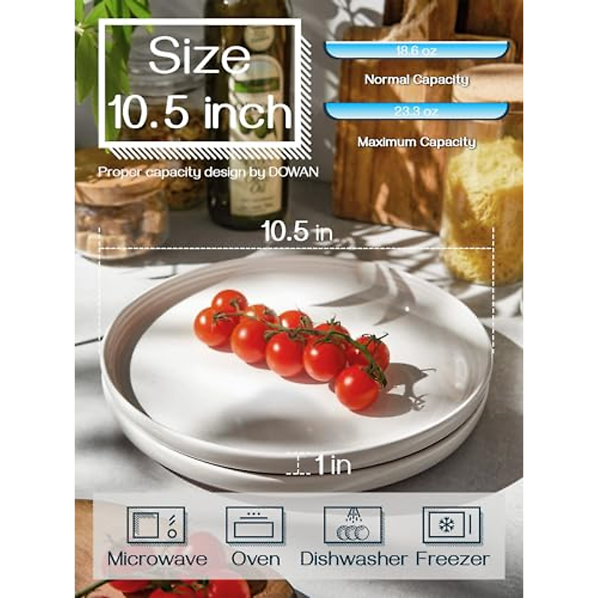 DOWAN 10.5” Moon-White Sesame Glaze Large Dinner Plates Set of 6, Porcelain Ceramic, Microwave, Oven & Dishwasher Safe, Elegant Design Perfect for Daily Dining, Family Gatherings, Parties & Gifts