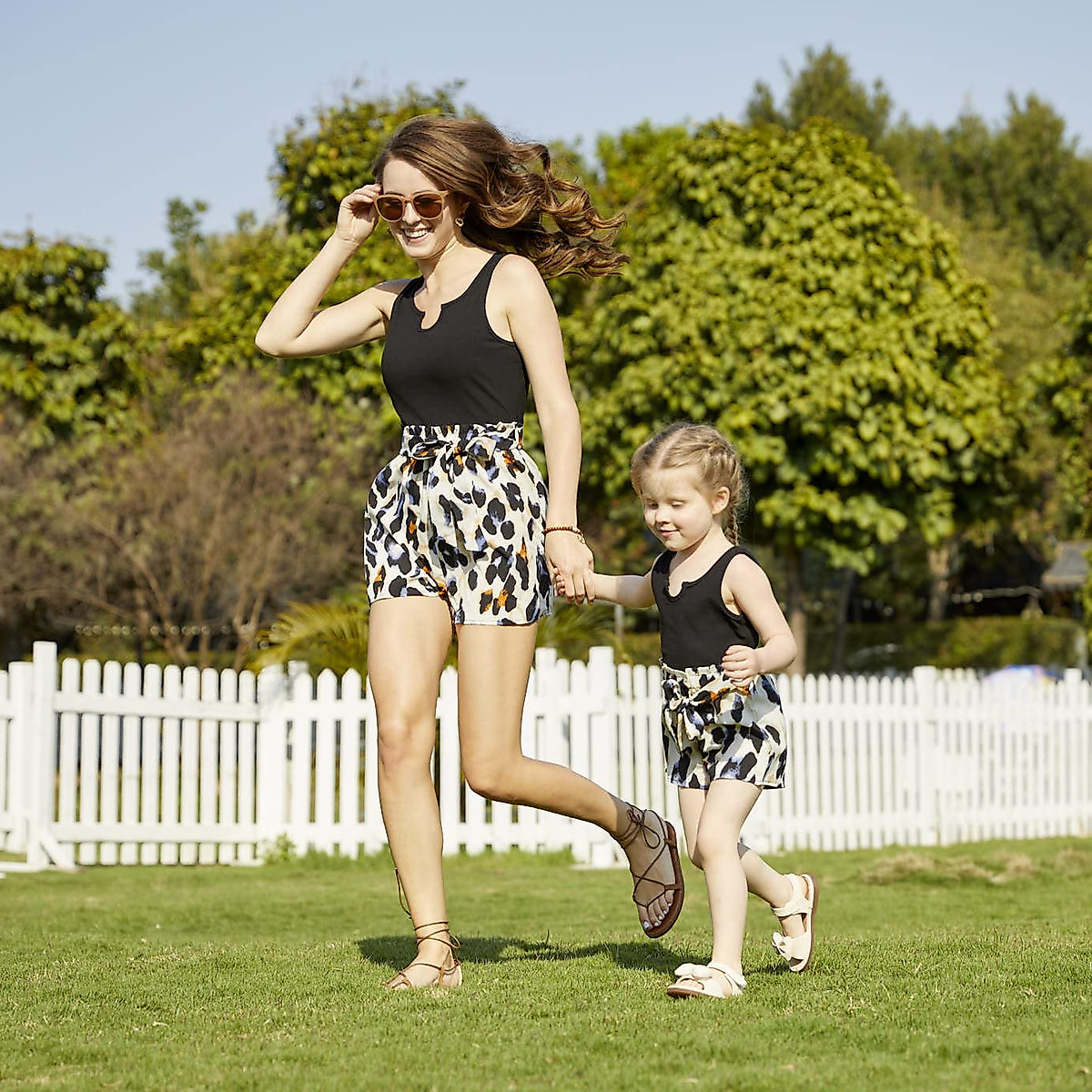 IFFEI Mommy and Me Matching Outfit Solid Splice Print Spaghetti Strap Top Shorts Set Black Womens Large