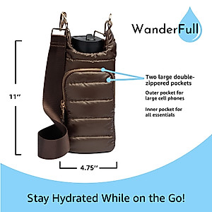 WanderFull Original Crossbody HydroBag | Quilted Water Bottle Carrier | Puffer Tote Tumbler Holder with Pockets for Phone & Accessories | Carry Travel Essentials (Chocolate Brown Shiny/Solid Strap)