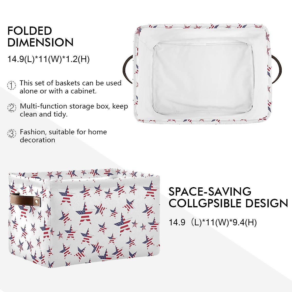 senya Fourth of July Basket American Independence Day Storage Box July 4th, USA Flag Stars Fabric Storage Bin Organizer Bag with Handles