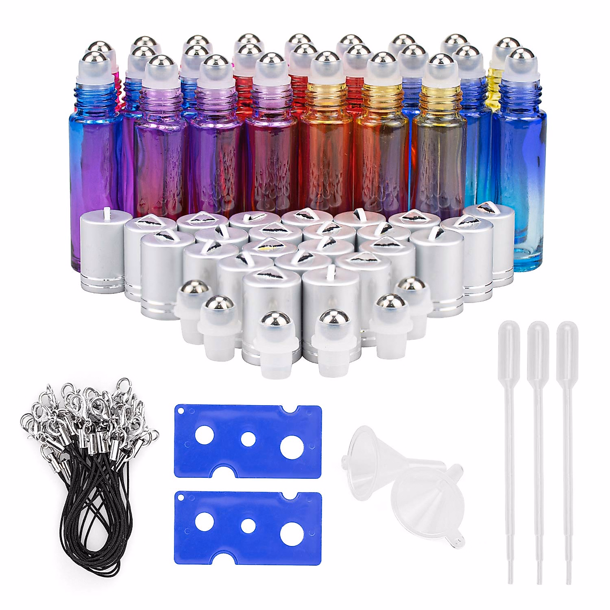 Foraineam 24 Pack 10ml Roller Bottles Gradient Color Glass Essential Oil Roller Bottle with Stainless Steel Roller Ball and Silver Hanging Lid
