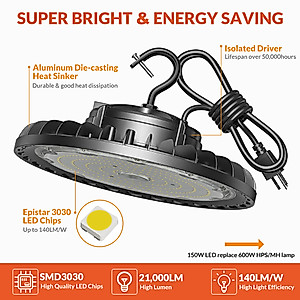SHINEWOO Linkable LED High Bay Light 150W 21,000lm 5000K Daylight with US Plug 5’ Cable, LED Shop Lights, Waterproof UFO Commercial Warehouse Workshop Garage Factory Area Lighting Fixture, 2 Pack