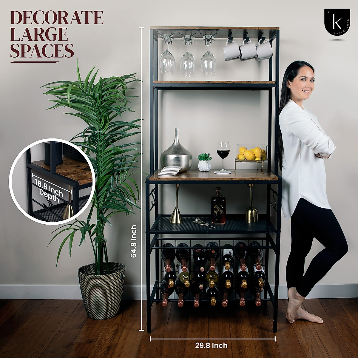 Elegant Wine Bar Cabinet - Wine Bar Stand with Durable Metal Frame and Engineered Wood - Multi-Tier Wine Cabinet with Built-in Wine Holders - Wine Rack Freestanding Floor