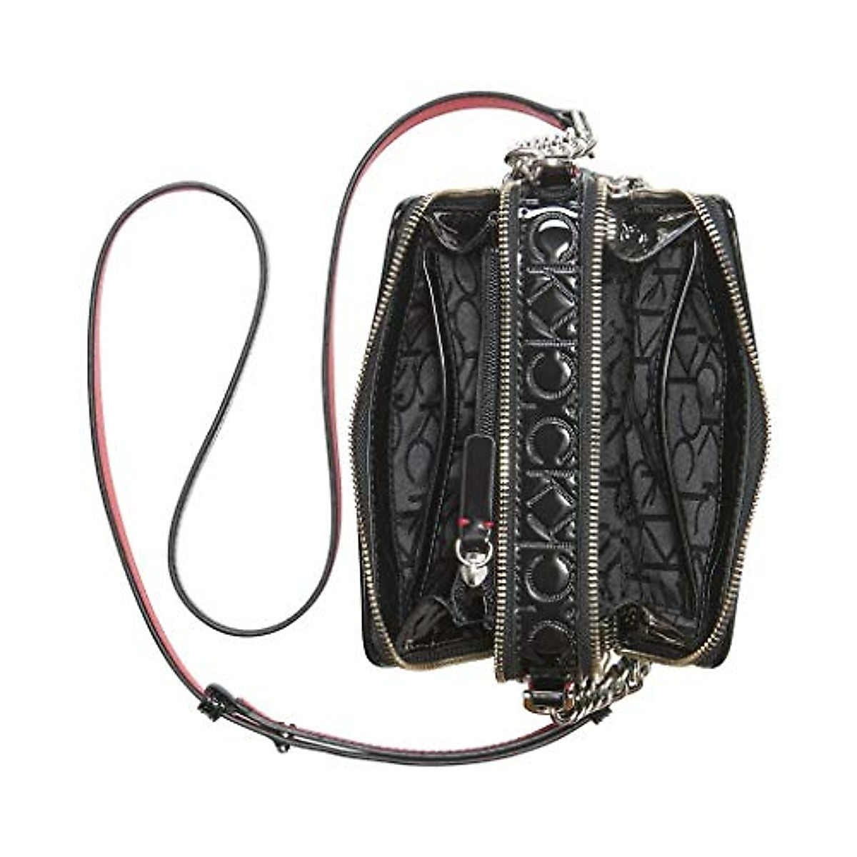 Calvin Klein Women's Marybelle Saffiano Double Zip Organizational Crossbody Bag, Black/Silver Patent Emboss, One Size