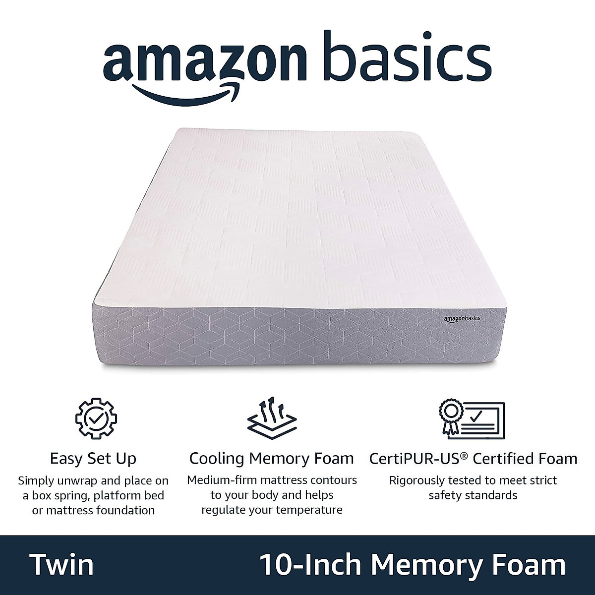 Amazon Basics Memory Foam Mattress, Medium Firm, Cooling Gel, Twin Size Mattress, CertiPUR-US® Certified Foam, 75 x 39 x 10 inches, White/Gray