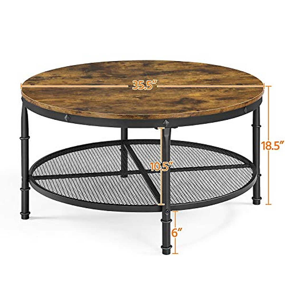 Yaheetech 35.5 inch Round Coffee Table, 2-Tier Rustic Wood Coffee Table for Living Room, Industrial Center Table with Metal Frame and Wood Desktop,Easy Assembly, Rustic Brown