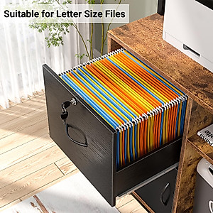 Homieasy Vertical Filing Cabinet with Lock & Charging Station, Large Drawer Wood File Cabinet with Bookshelf, Printer Stand with Open Storage Shelf, fits Letter Size for Home Office, Black and Rustic