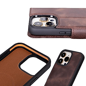 VENOULT Detachable Leather Wallet Case for iPhone 15 Pro, Man or Women Folio Cover, Compatible with Magsafe, RFID, Genuine Leather Card Holder Flip Case, Kick Stand (Chocolate Brown)