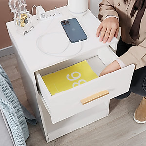 LAPTAIN Nightstand with Charging Station, End Side Table with Storage Drawer and Open Cabinet, Bedside Table for Bedroom, White