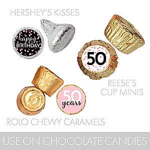 Pink, Black, and White 50th Birthday Party Favor Chocolate Kisses Candy Stickers - 180 Count