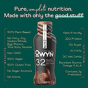 OWYN Only What You Need Pro Elite Vegan High Protein Keto Shake, 32g Protein, 9 Amino Acids, Omega-3, Prebiotics, Superfoods Greens for Workout and Recovery, 0g Net Carbs, Zero Sugar, Chocolate, 12 Fl Oz (Pack of 12)