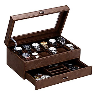 BEWISHOME Watch Box for Men Luxury Watch Organizer Faux Leather Watch Case with Jewelry Drawer, Real Glass Top, Metal Hinge, Brown SSH12Z