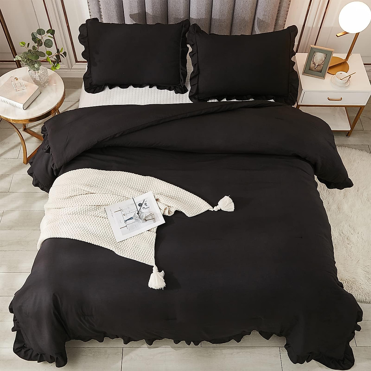 Andency California King Comforter Set Black (104x96Inch), 3 Pieces Cal King Ruffle Comforter, Oversized Farmhouse Shabby Chic Bed Comforter, Lighteweight and Soft Microfiber Bedding Set