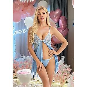 ADOREJOY Lingerie for Women Front Closure Babydoll Lace Chemise V Neck Mesh Sleepwear (Light Blue,L)