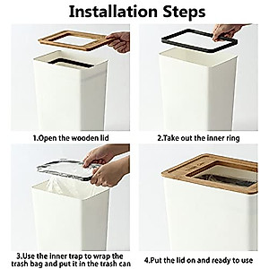 DoxiGlobal Slim Plastic Trash Can with Free Trash Bags Wastebasket with Wood Lid Rectangular Waste Bin Small Garbage Container White for Home Office Bathroom Kitchen-2.4 Gallon/9L