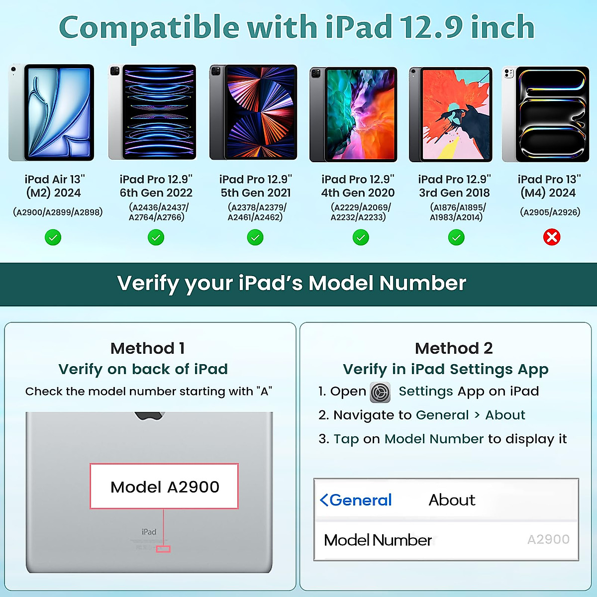 OYEEICE Keyboard Case for iPad Pro 12.9 inch (6th, 5th, 4th Gen) & New Air 13 inch M2, 7 Color Backlit Detachable Wireless Keyboard, Auto Sleep/Wake Cover with Pencil Holder (2022 2021 2020) - Teal