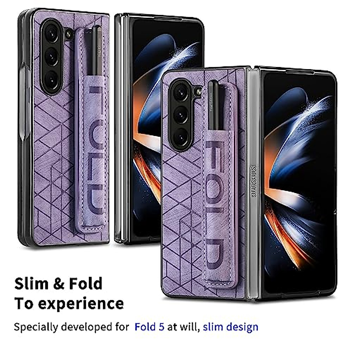 Bizzib for Samsung Galaxy Z Fold 5 Case, Leather TPU Slim Fit Shockproof Full Body Protective Cover with Flexible Grip Strap Compatible with Galaxy Z Fold 5-Purple